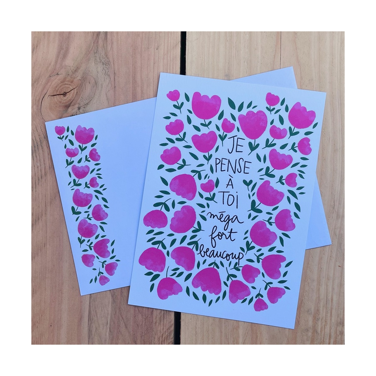 Mathou Illustrations - CARTE JE PENSE À TOI ROSE